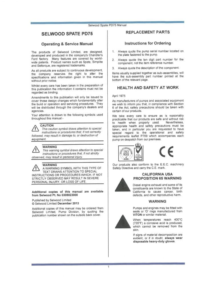 Selwood Pump PD75 Operators Manual