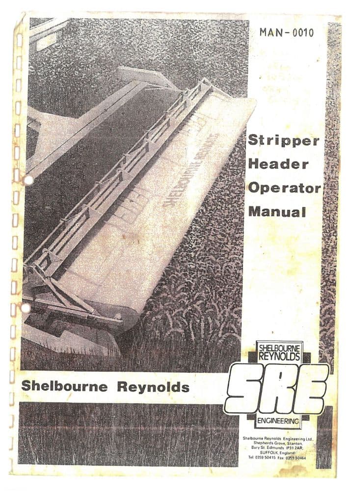 Shelbourne Reynolds Stripper Header SR4800 SR5400 SR6000 Operators Manual