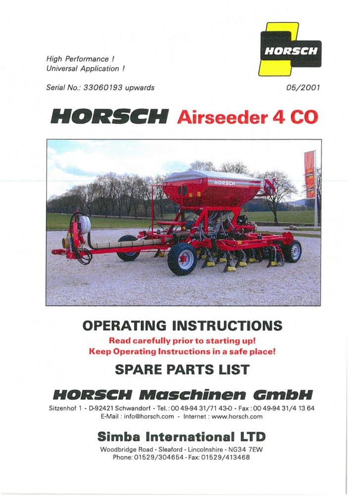 Simba Horsch Airseeder Seed Drill 4CO Operators Manual and Spare Parts List