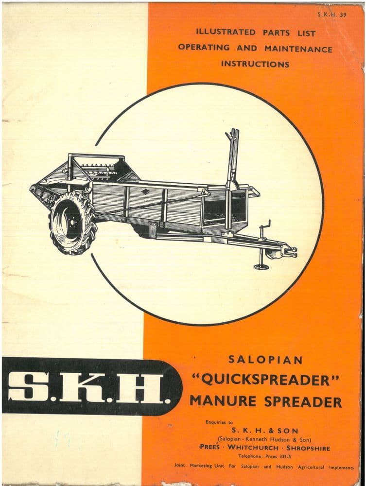 SKH Manure Spreader Salopian "Quickspreader" Operators Manual with ...