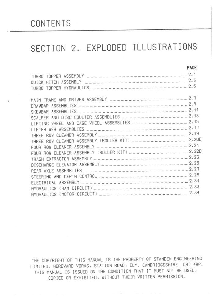 Standen Sugar Beet Harvester Spectrum Mk1 Parts Manual
