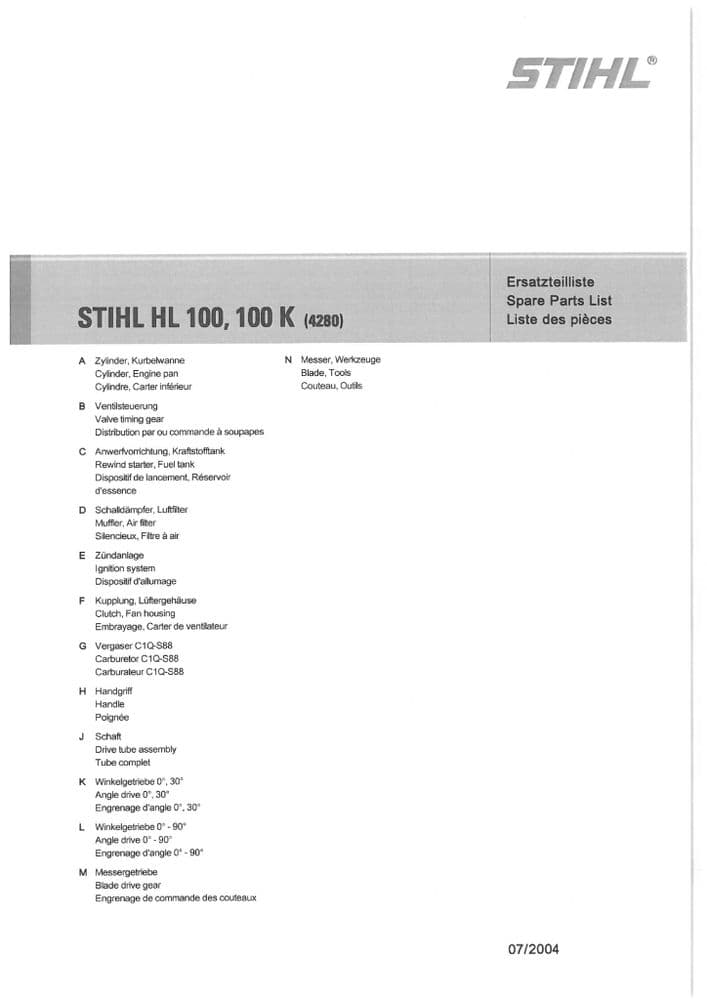 Stihl Hedge Trimmer HL100 & HL100K - 4280 Parts Manual
