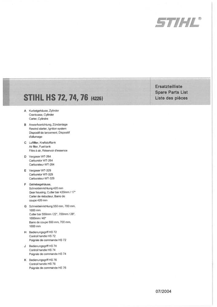 Stihl Hedge Trimmer HS72 HS74 HS76 - 4226 Parts Manual