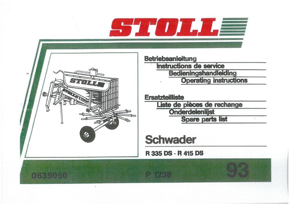 Stoll Hay Tedder R335DS R415DS Rake Windrower Ops Manual & Parts List