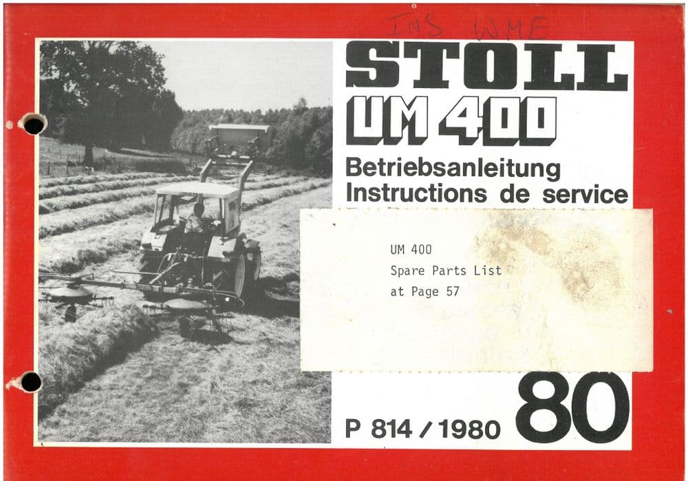 Stoll Hay Tedder UM400 Rake Windrower Operators Manual - In German ...