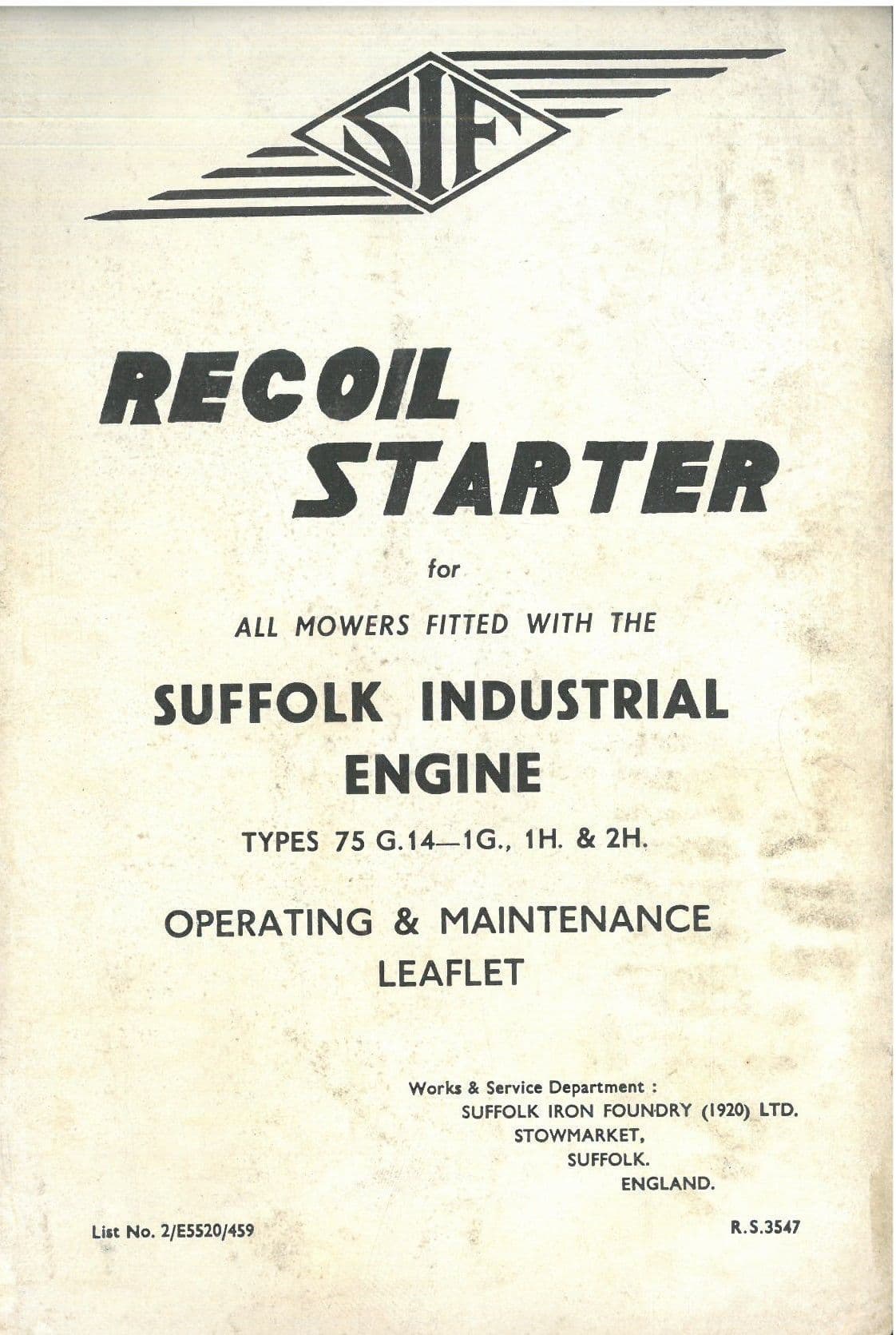 Suffolk Industrial Engine Recoil Starter Type 75G 14 1G 1H 2HOperators ...