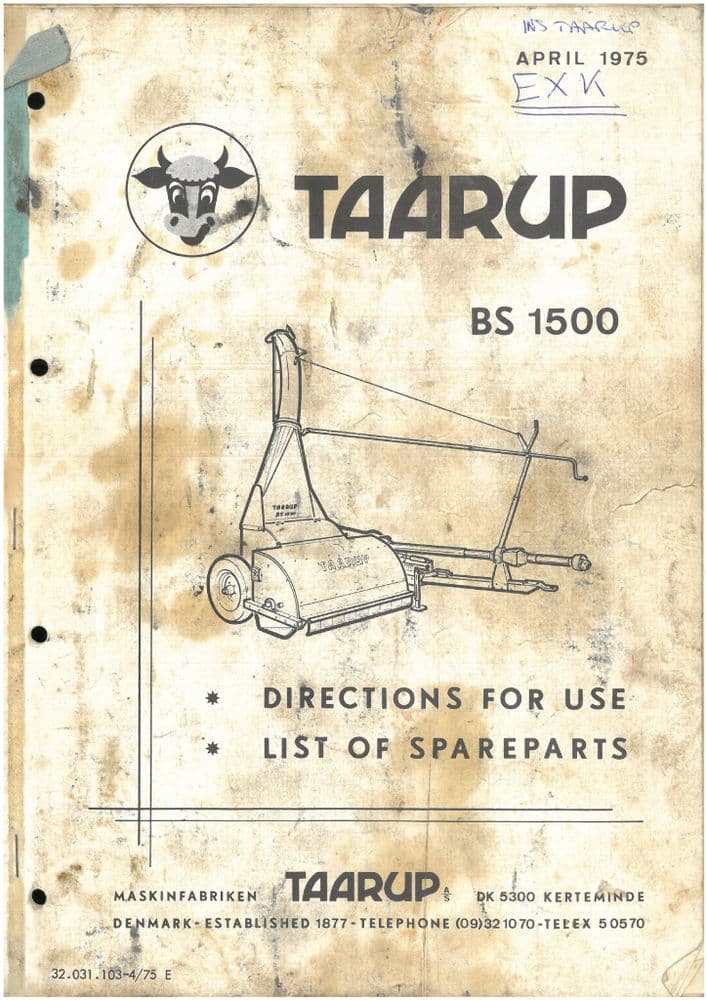 Taarup Forage Harvester BS1500 Operators Manual with Parts List - ORIGINAL