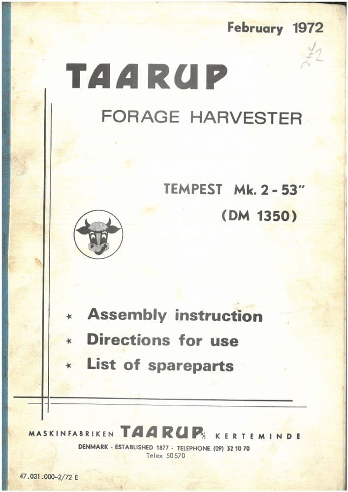Taarup Forage Harvester Tempest Mk2 53" DM 1350 Operators Manual with ...