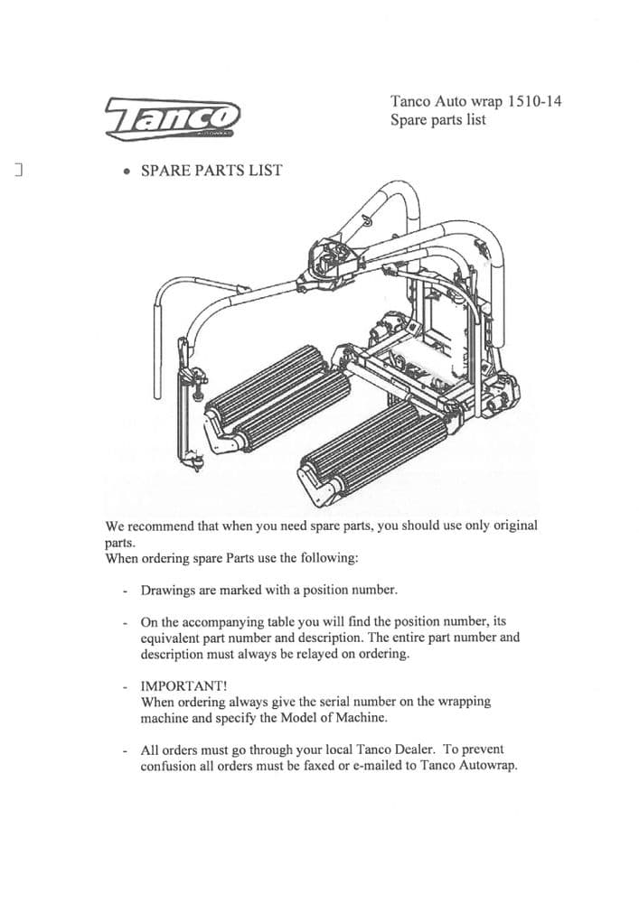 Tanco Autowrap Bale Wrapper 1510 1514 Parts Manual