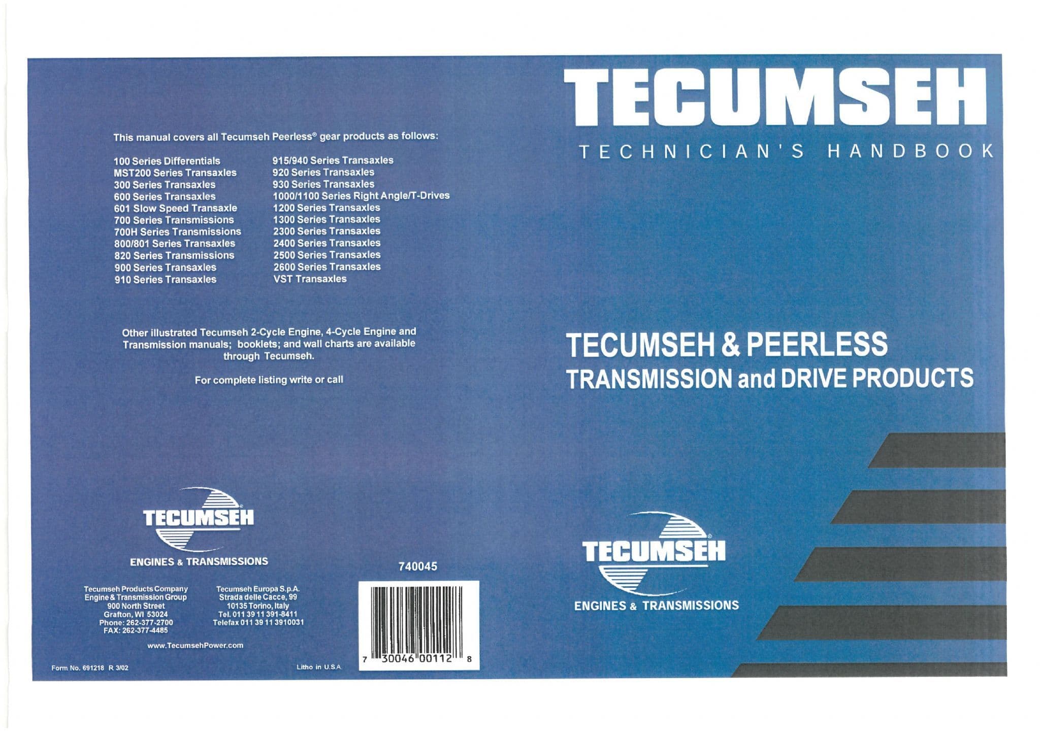 Tecumseh & Peerless Transmission and Drive Products Operators Manual