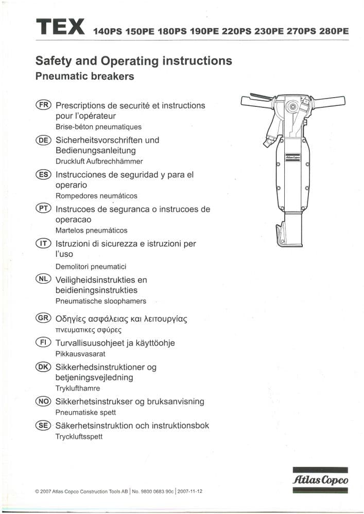 TEX Pneumatic Breakers 140PS 150PE 180PS 190PS 220PS 230PE 270PS 280PE ...