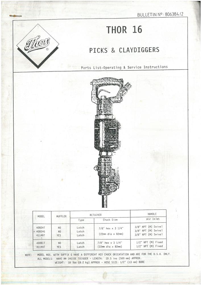 Thor Picks and Clay Diggers Thor 16 Operators Manual with Parts List - ORIGINAL