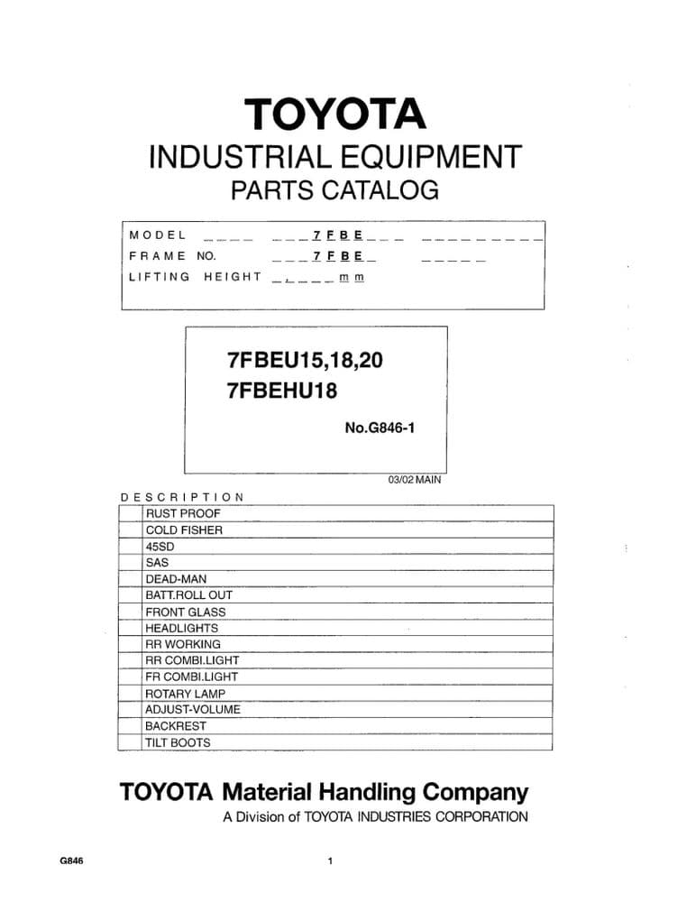 Toyota Forklift 7FBEU15/ 7FBEU18/ 7FBEU20/ 7FBEHU18 Parts Manual