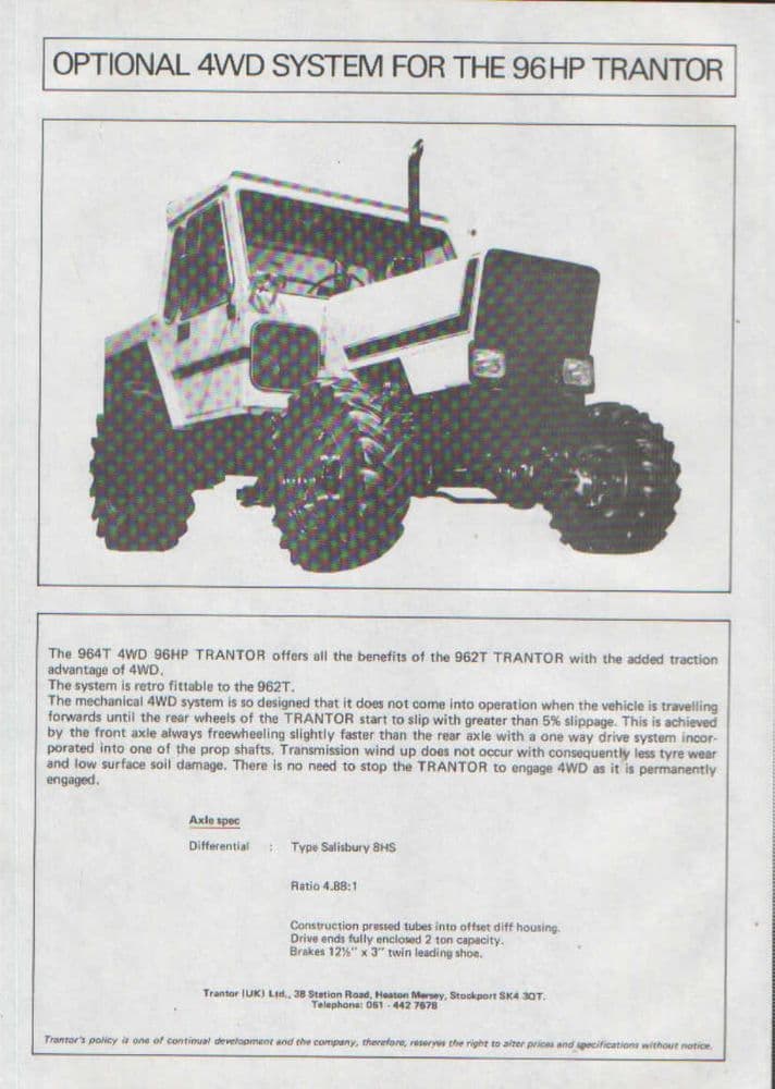 Trantor Tractor Optional 4WD System for the 96HP Trantor Brochure