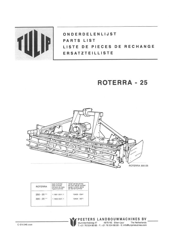 Tulip Teagle Lely Power Harrow Roterra 250-25 & 300-25 Parts Manual