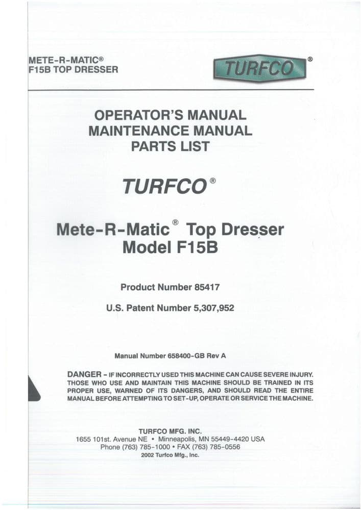 TurfCo Mete-R-Matic Top Dresser F15B Operators Manual and Spare Parts List