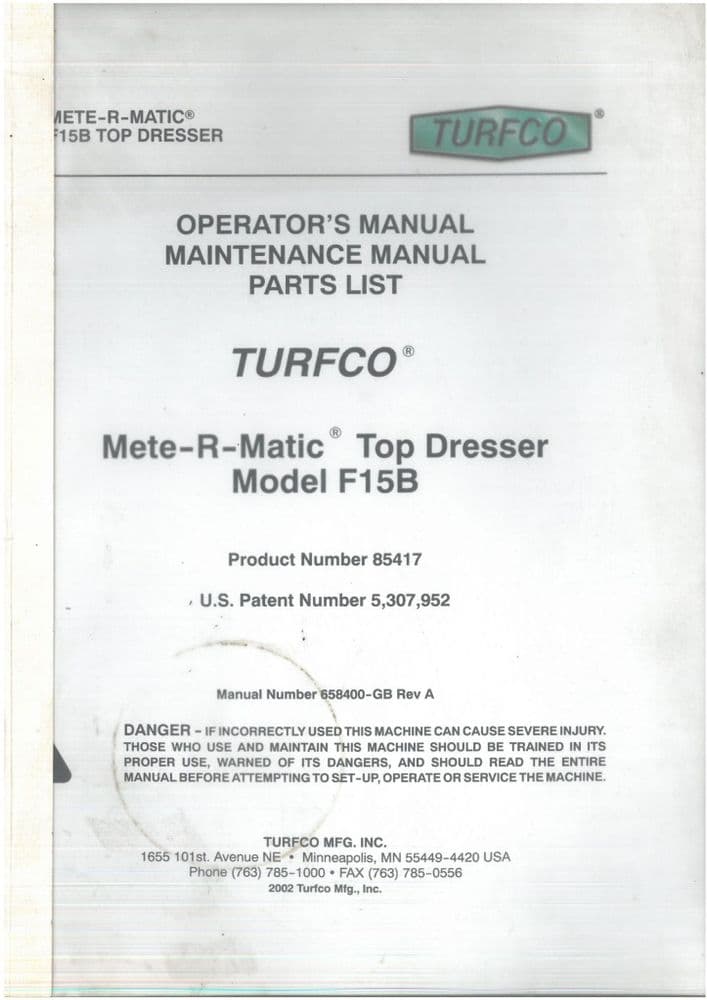 TurfCo Mete-R-Matic Top Dresser F15B Operators Manual and Spare Parts ...