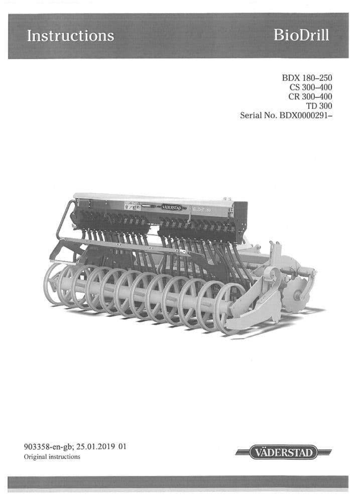 Vaderstad BioDrill BDX180 BDX250 Operators Manual