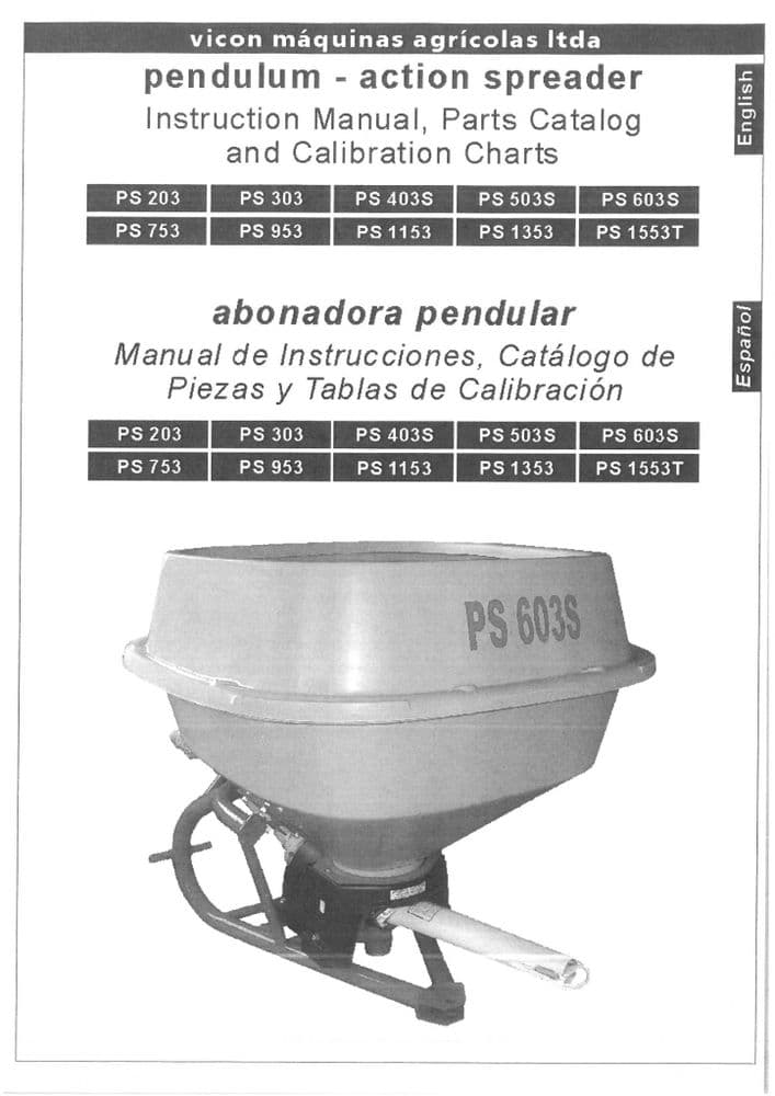 Vicon Fertiliser Spreader PS 203 303 403S 503S 603S 753 953 1153 1353 1553T Operators and Parts Manu