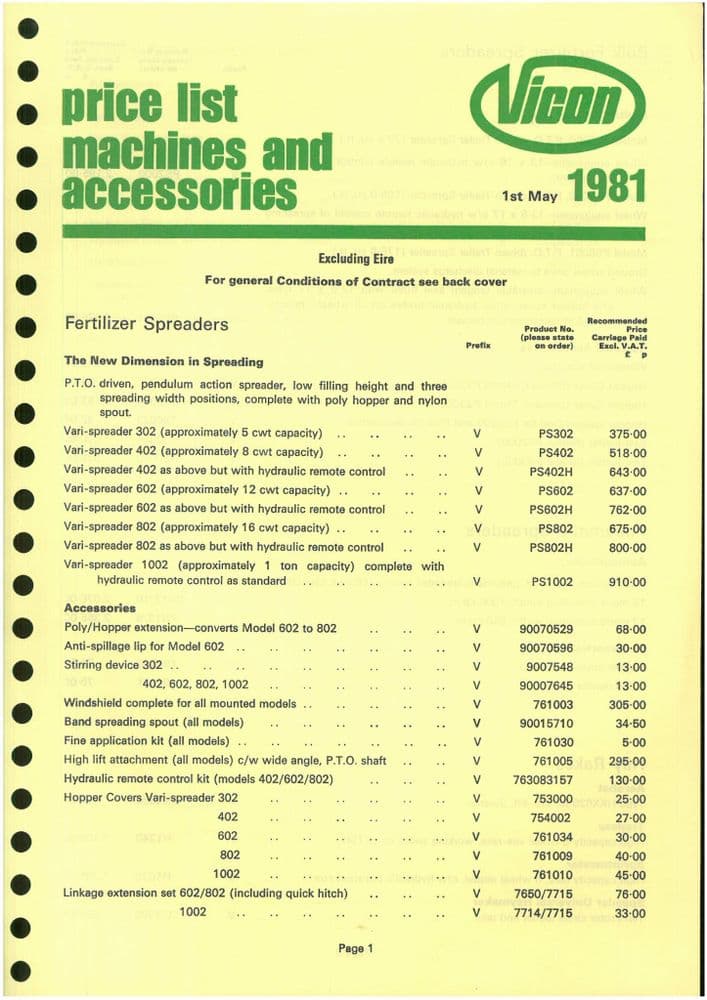 Vicon Machines and Accessories 1981 Price List