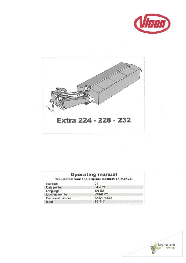 Vicon Mower Extra 224 228 232 Operators Manual