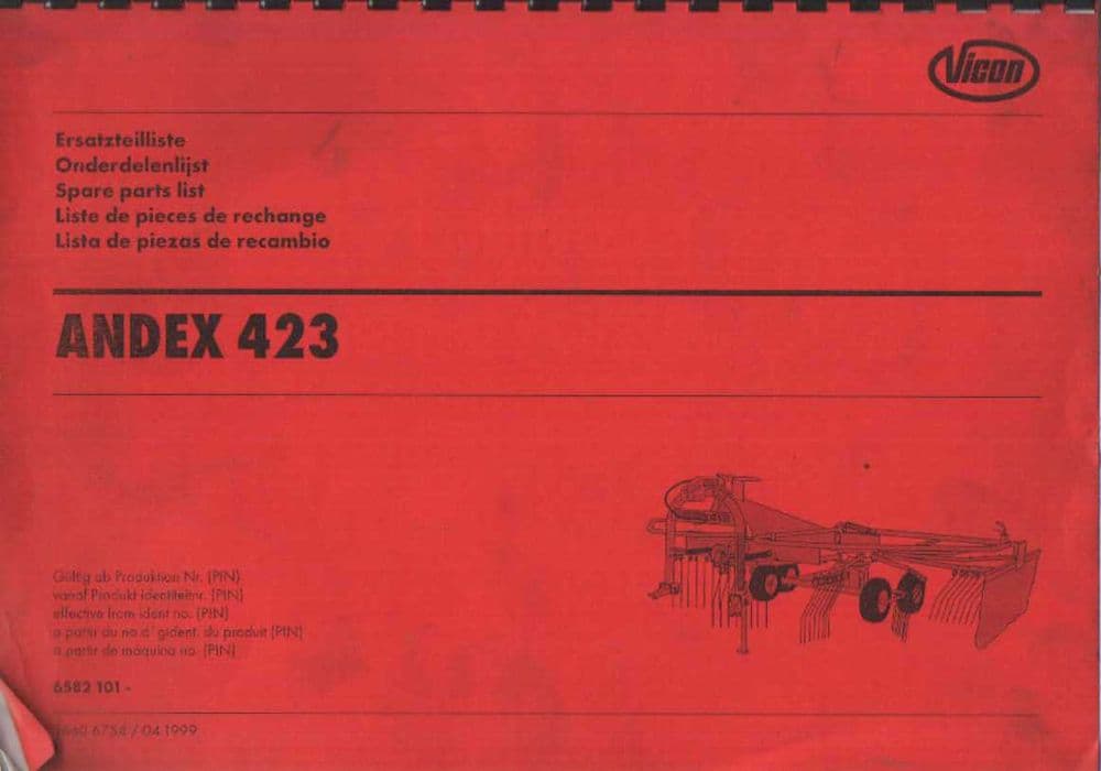 Vicon Windrower Rake Andex 423 Parts Manual