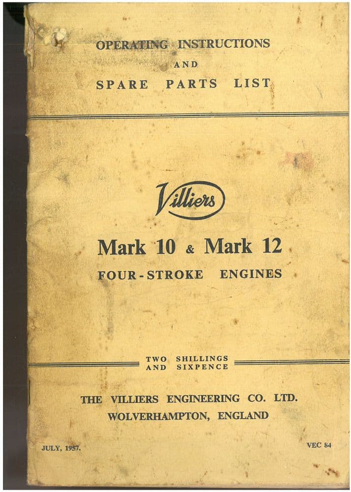 Villiers Four Stroke Engine Mark 10 Mark 12 Operators Manual with Parts ...