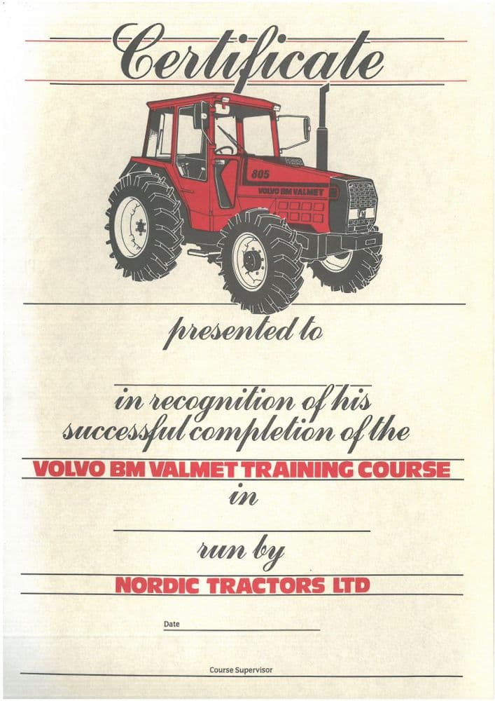 Volvo BM Valtra Tractor Training Course Certificate