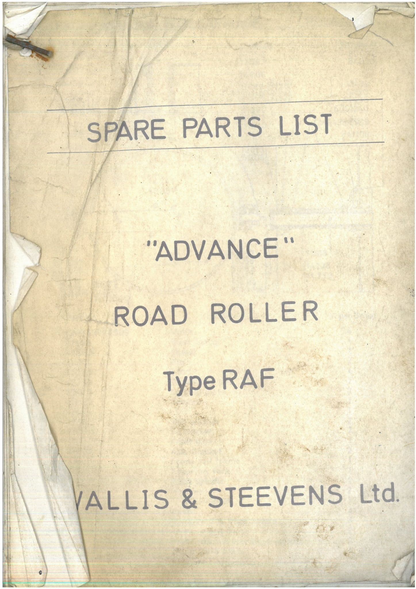 Wallis & Steevens Advance Road Roller Type RAF Parts Manual