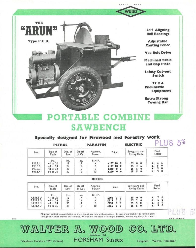 Walter A Wood Arun Portable Combine Sawbench Brochure