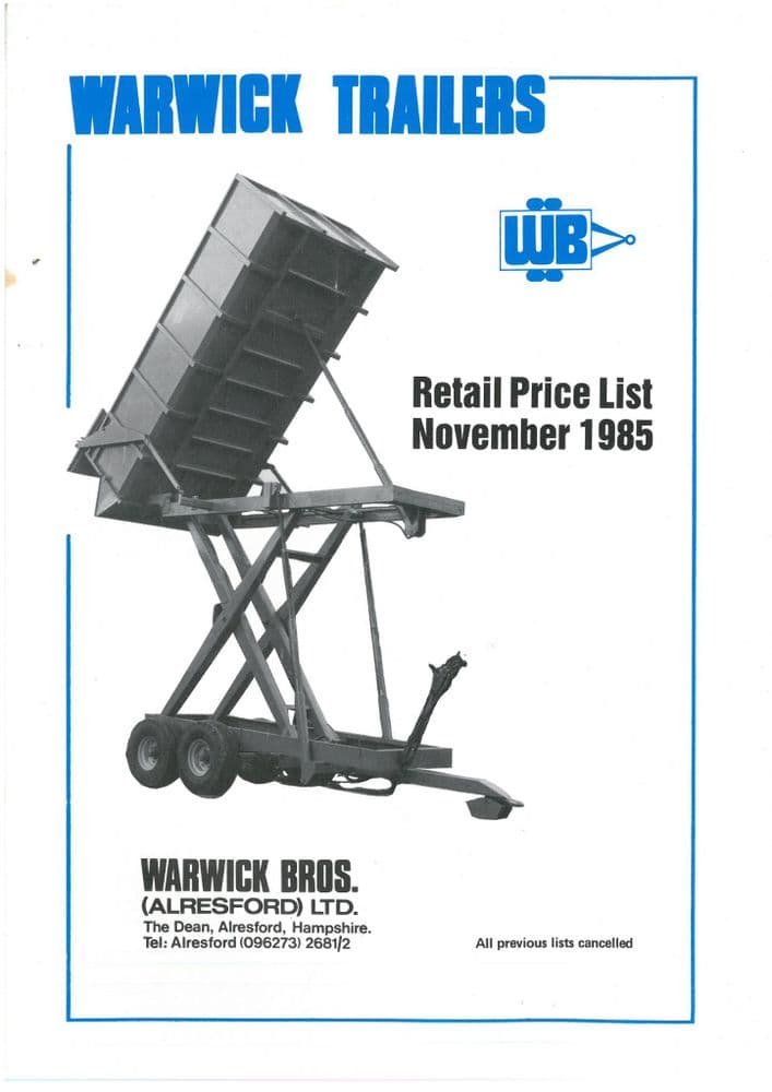 Warwick Trailers Retail Price List November 1985