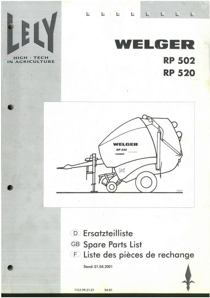 Welger Round Baler RP502 & RP520 Parts Manual - ORIGINAL