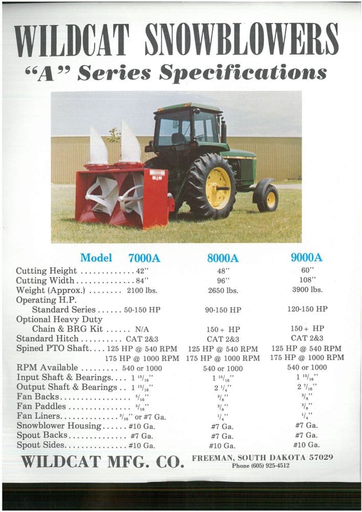 Wildcat Snowblowers A Series specifications Brochure