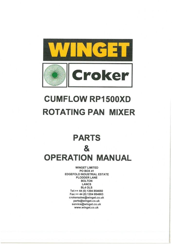 Winget Crocker Rotating Pan Mixer Cumflow RP1500XD Operators Manual and ...