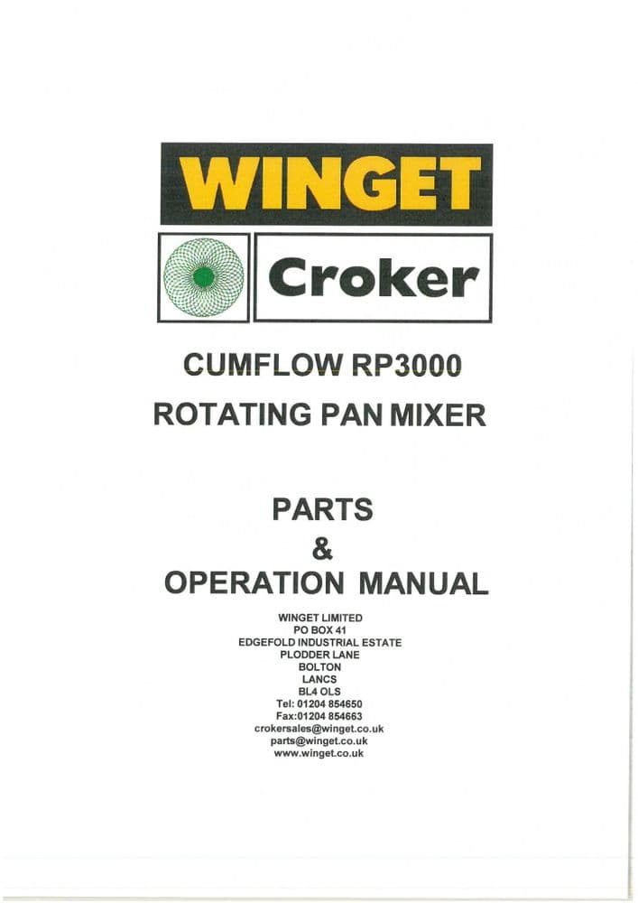 Winget Crocker Rotating Pan Mixer Cumflow RP3000 Operators Manual and ...
