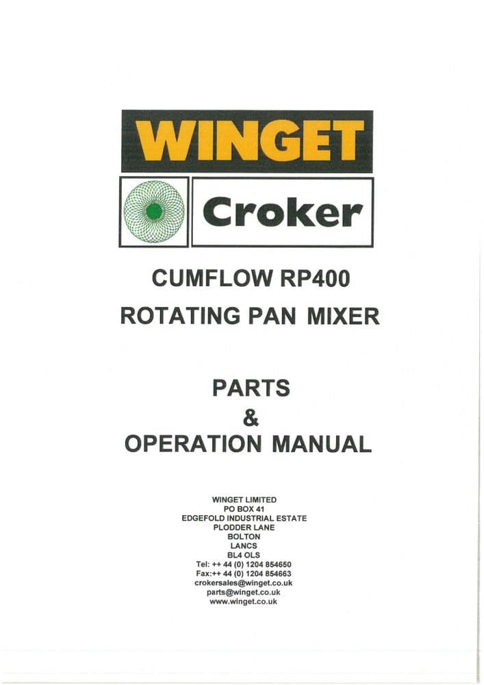 Winget Crocker Rotating Pan Mixer Cumflow RP400 Operators Manual and ...