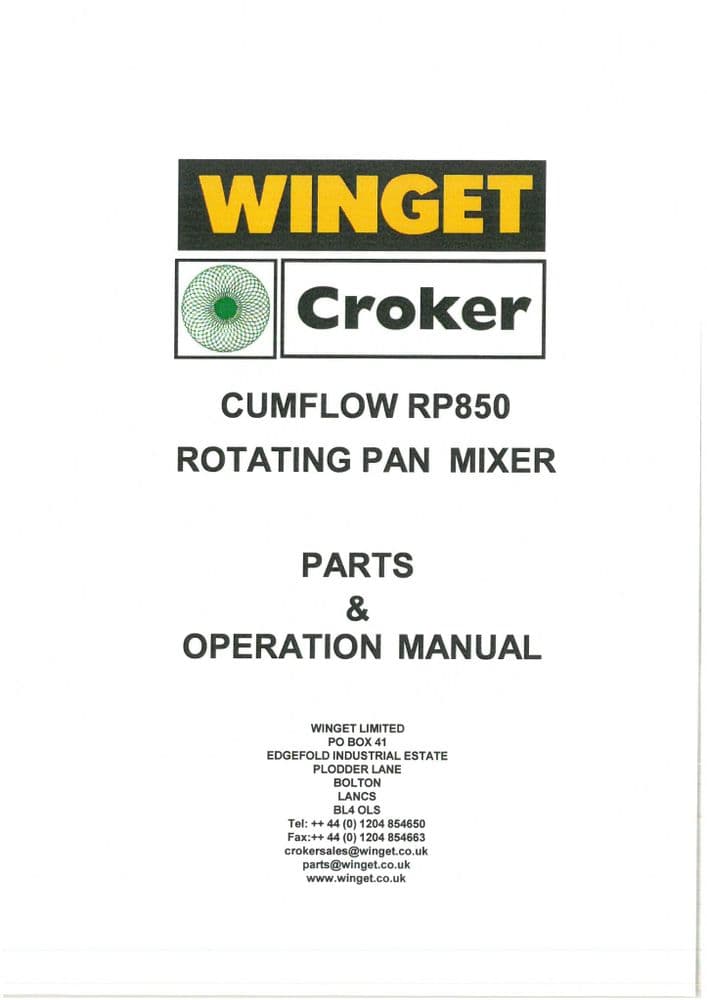 Winget Crocker Rotating Pan Mixer Cumflow RP850 Operators Manual and ...
