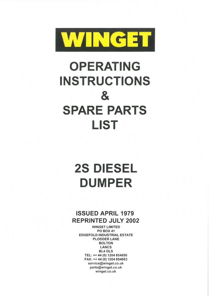 Winget Muir Hill 2S Diesel Dumper Operators Manual and Spare Parts List