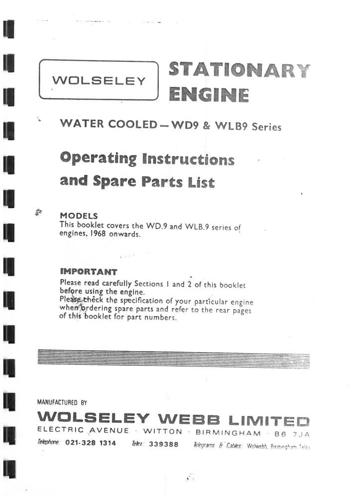 Wolseley Engine WD9 & WLB9 from 1968 Operators Manual with Parts List