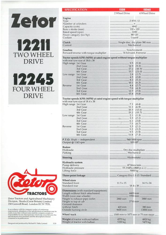 Zetor Tractor 12211 2wd & 12245 4wd Brochure