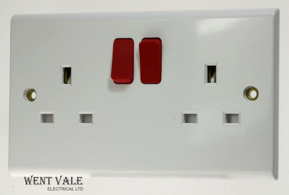 Deta Slimline - S1291 - White 13a Twin Switched Socket With Red Rockers New