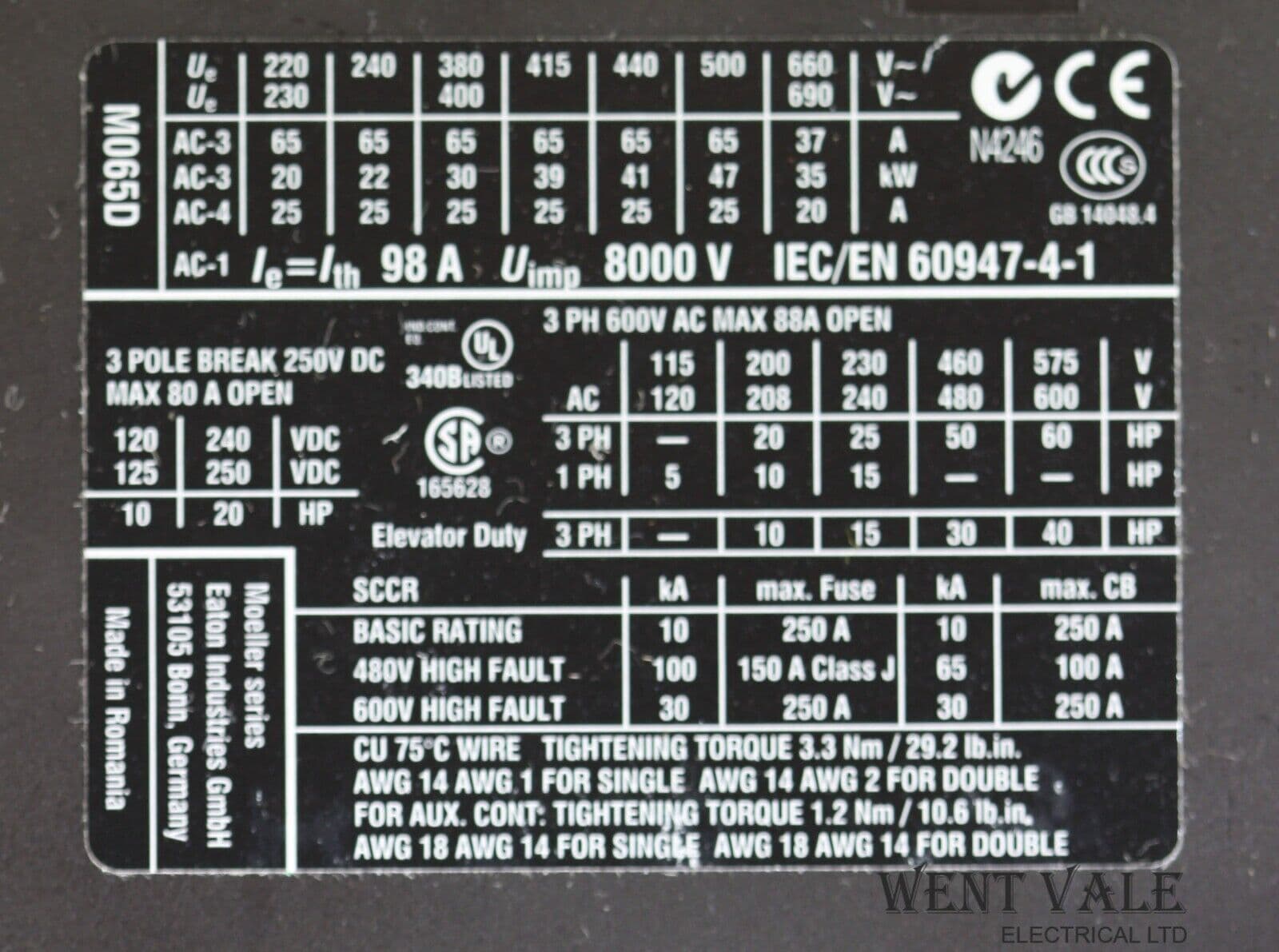 Eaton X-Start DILM65-XTCE065D00U - 63a 30kW 400v Three Pole Contactor ...