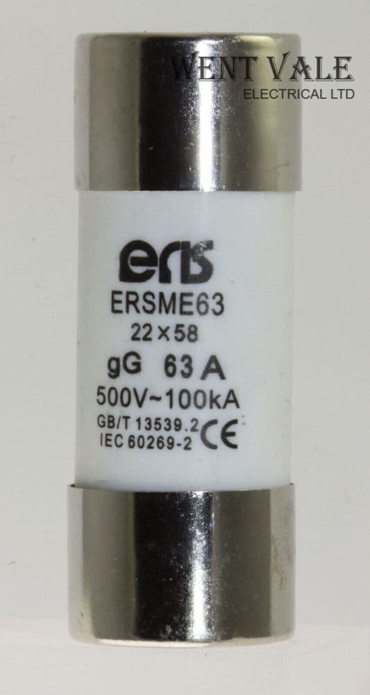 Eris Fuses - ERSME63 - 63A IEC 60269-2 Type gG 22 x 58mm Cartridge Fuse New