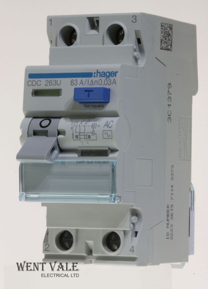 Hager CDC263U - 63a 30mA Double Pole AC RCCB New in Box