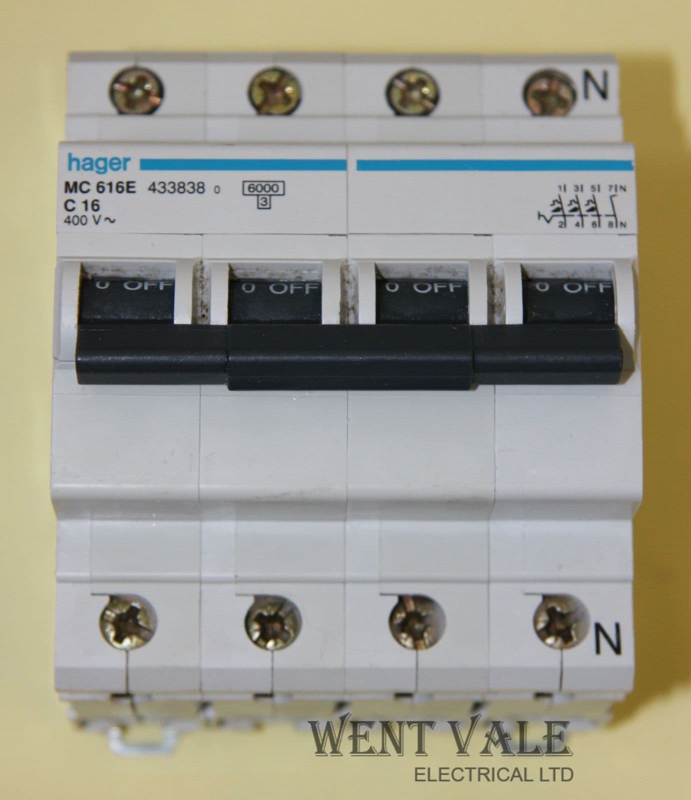 Hager MC616E - 16a Type C Triple Pole & Neutral MCB Used
