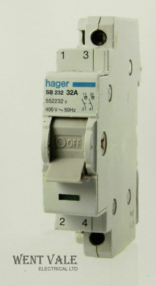 Hager SB 232-552232 0 Space Saver - 32a Double Pole 1 Module Switch ...