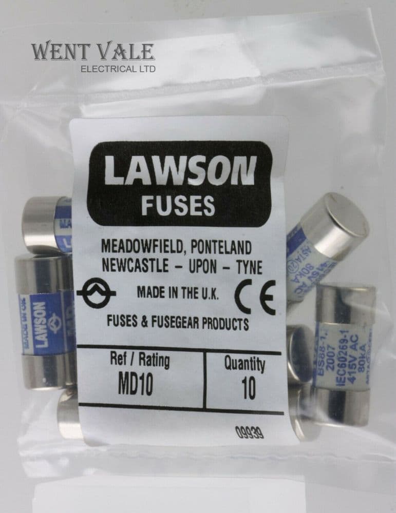 Lawson Fuses - MD10 - 10 Amp BS88 30mm x 12mm Cartridge Fuse Pack of 10 New