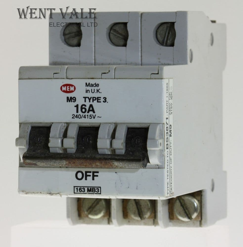 MEM Memshield 1 - 163MB3 - 16a Type 3 Triple Pole MCB Used