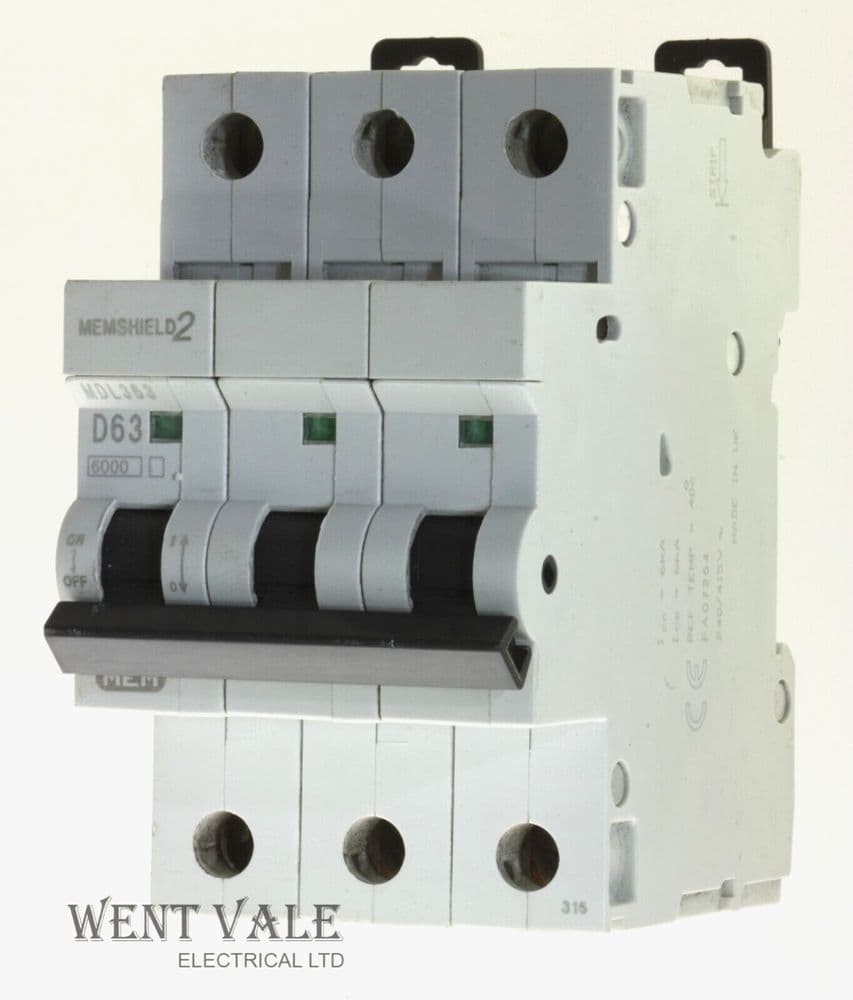 MEM Memshield 2 - MDL363 - 63a Type D Triple Pole MCB Used