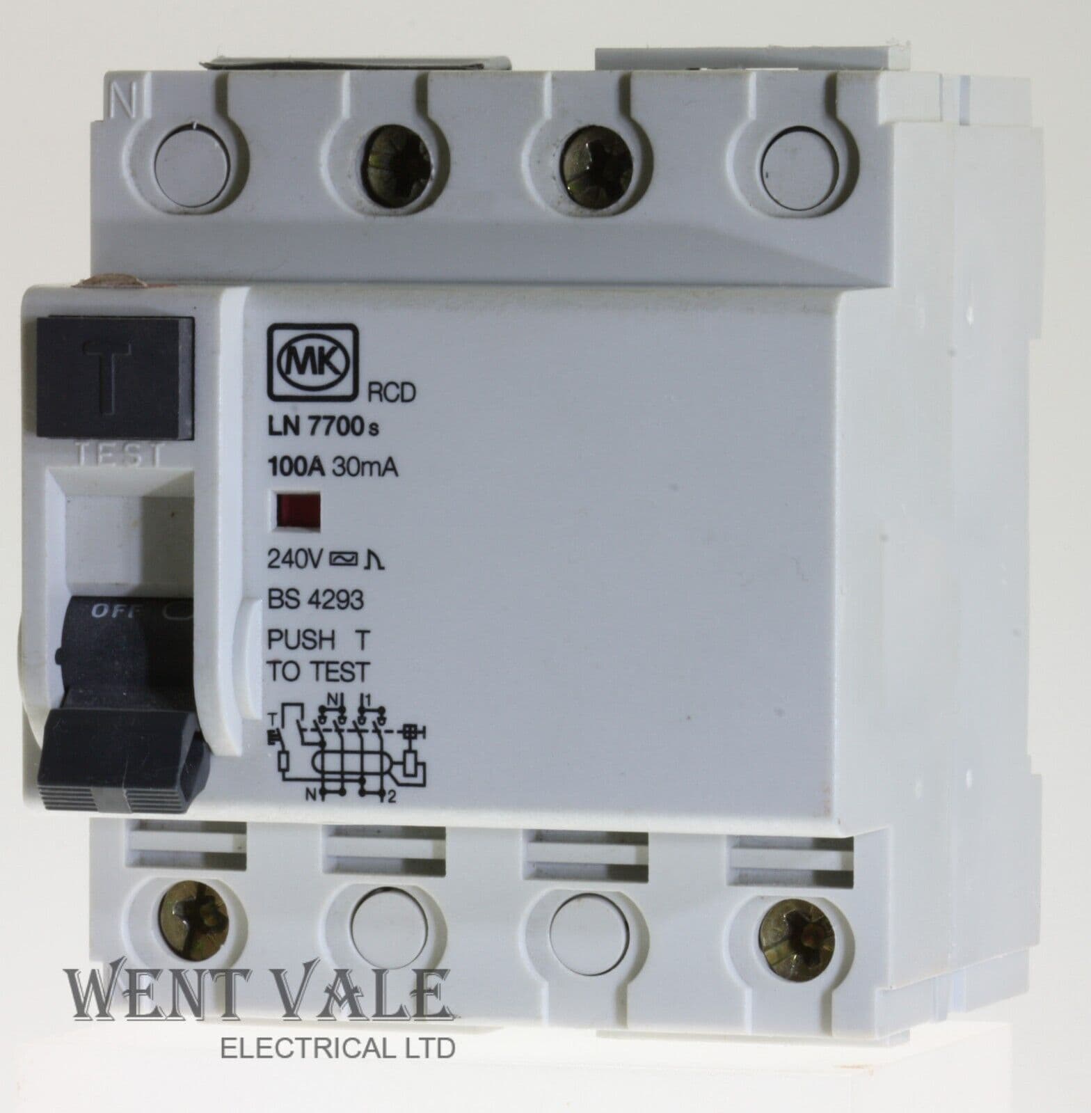 MK Sentry - LN7700s - 100A 30mA Two Pole Four Module RCD Used